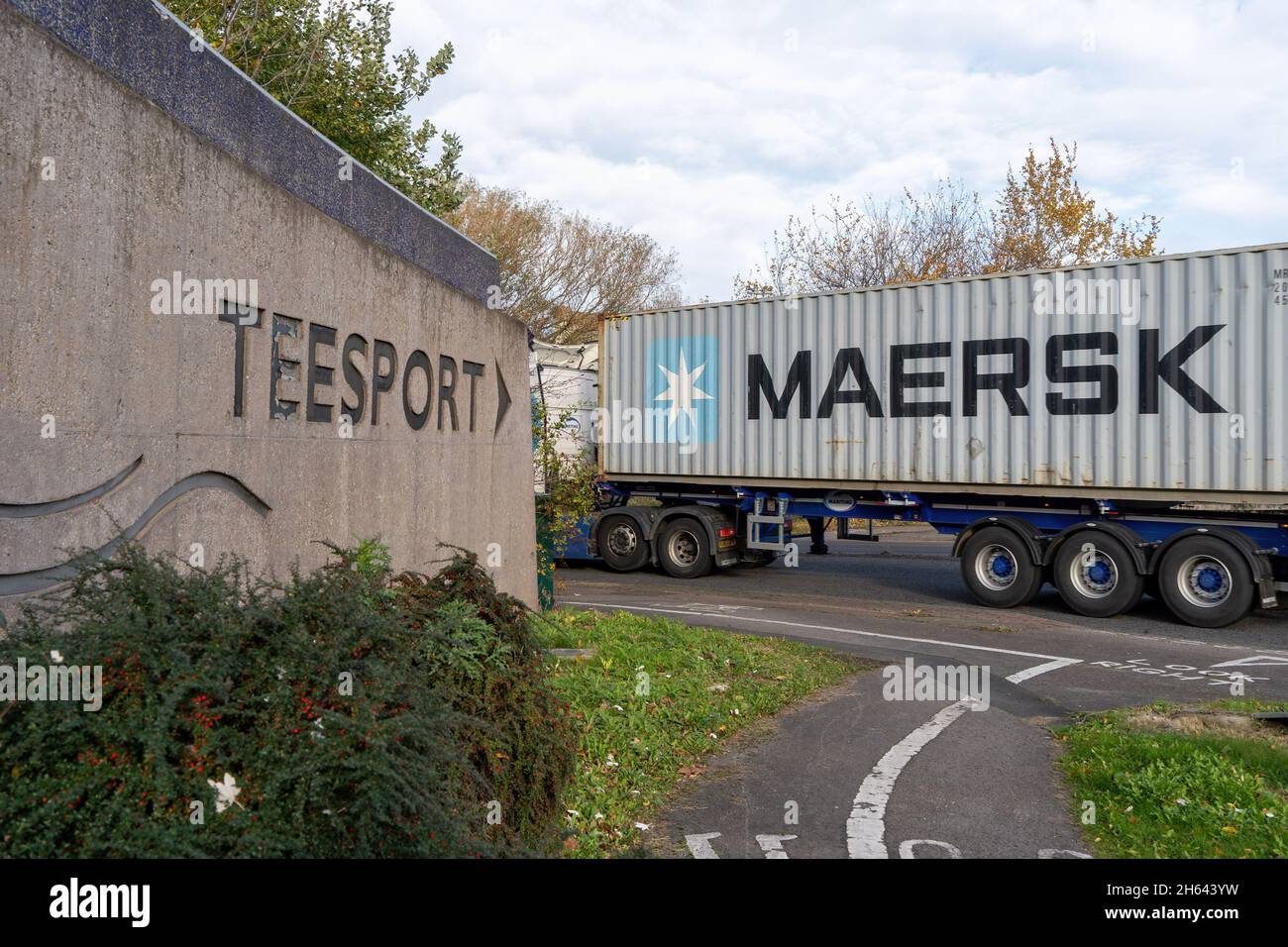 A HGV (heavy goods vehicle) carrying a Maersk cargo container drives ...