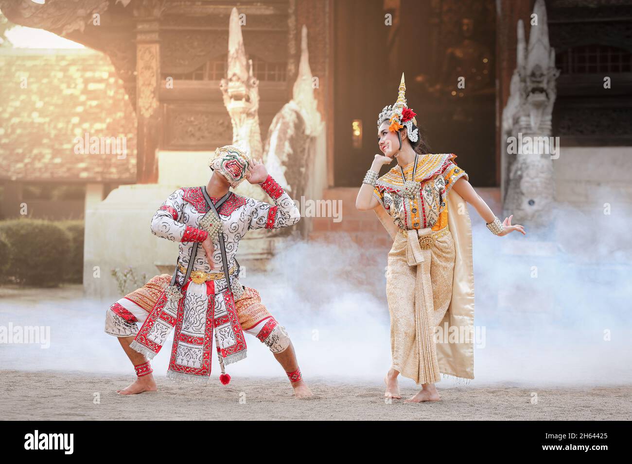 Hanuman and Suvannamaccha in Thai classical mask dance of the Ramayana ...