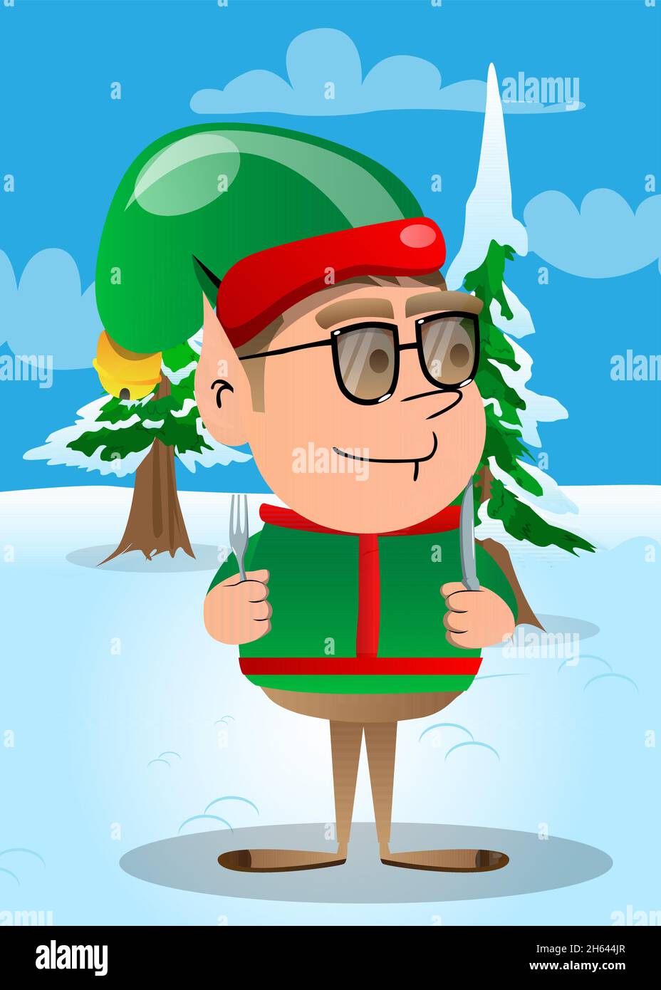 Christmas Elf holding up a knife and fork. Vector cartoon character ...