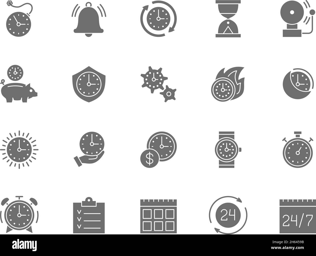 Set of Time Management Grey Icons. Calendar, Schedule, Checklist, Timer ...