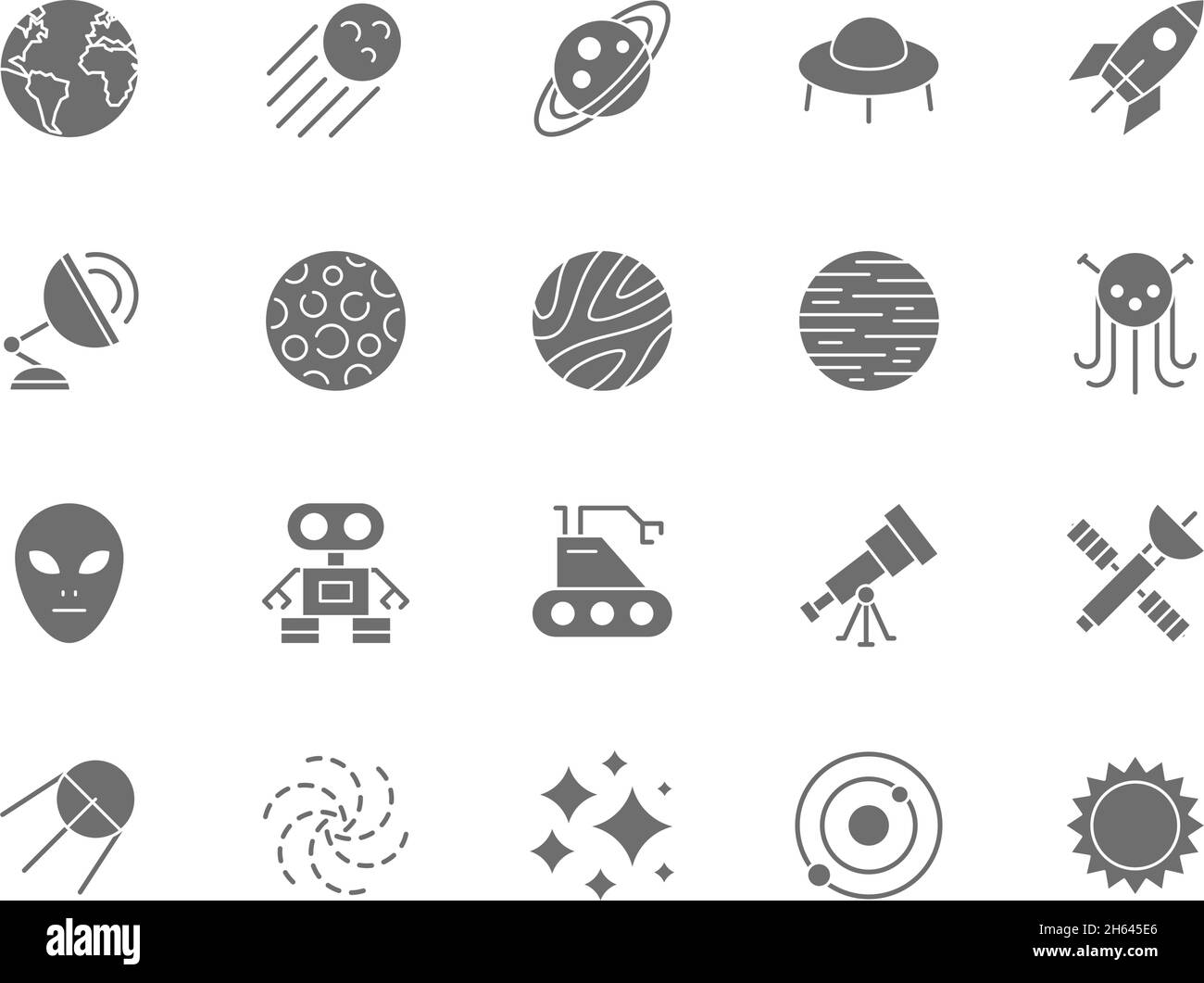 Set of Space Grey Icons. Sun, Solar System, Galaxy, Cosmos, Stars and ...