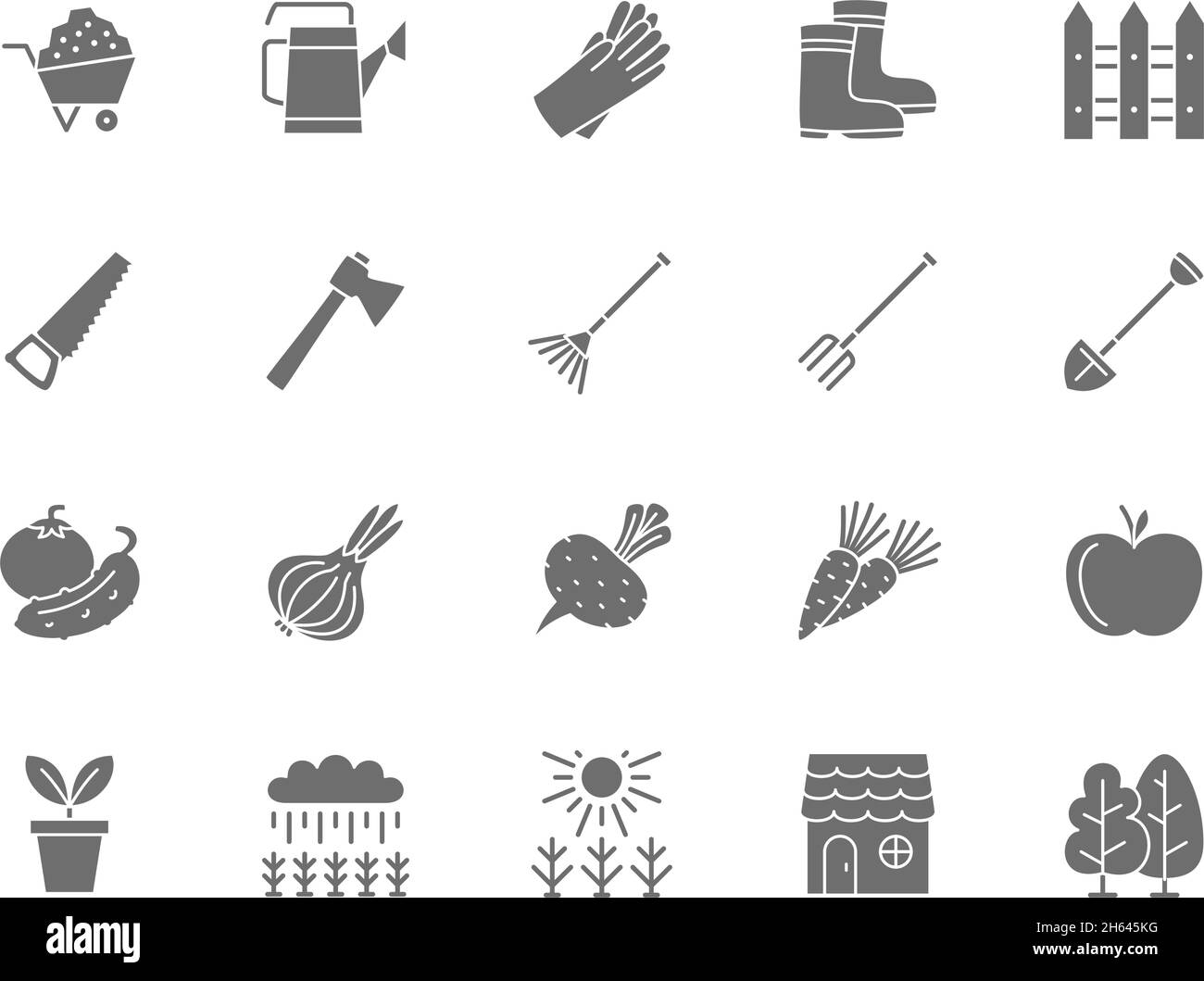 Set of Agriculture Grey Icons. Trees, Forest, House, Field, Flowerpot ...
