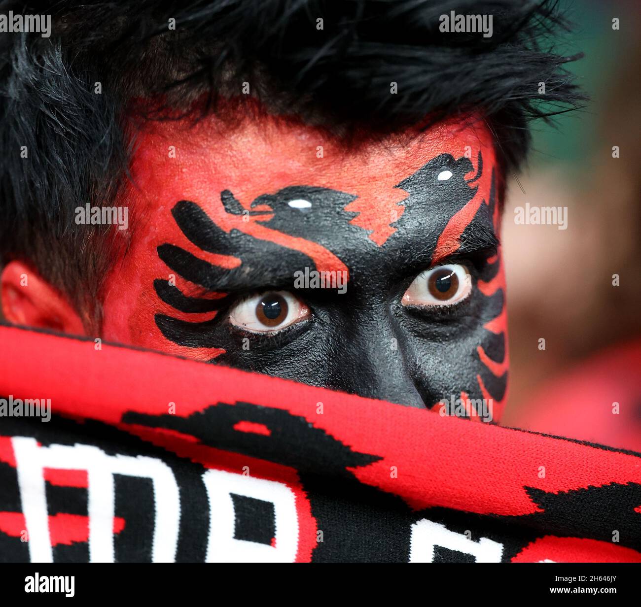 London, UK. 12th Nov, 2021. An Albania's fan is seen before the FIFA ...