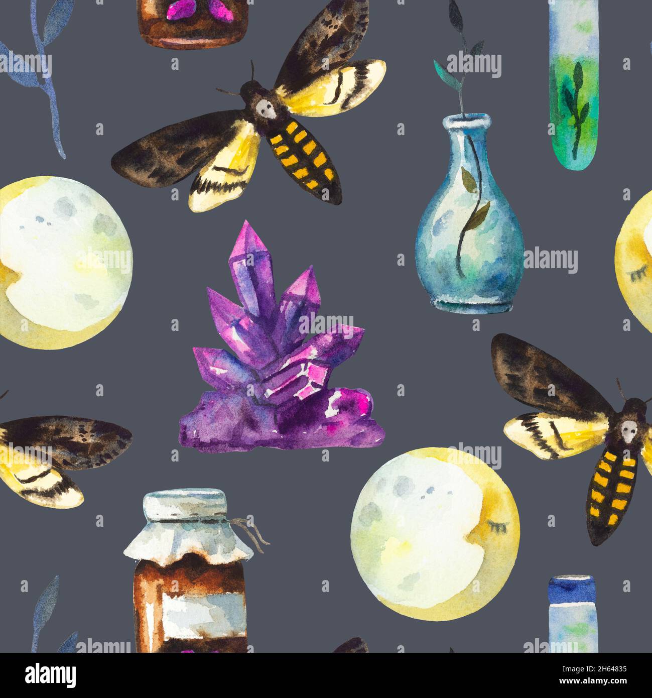 Seamless pattern with magic elements, crystals, moths and alchemy ...
