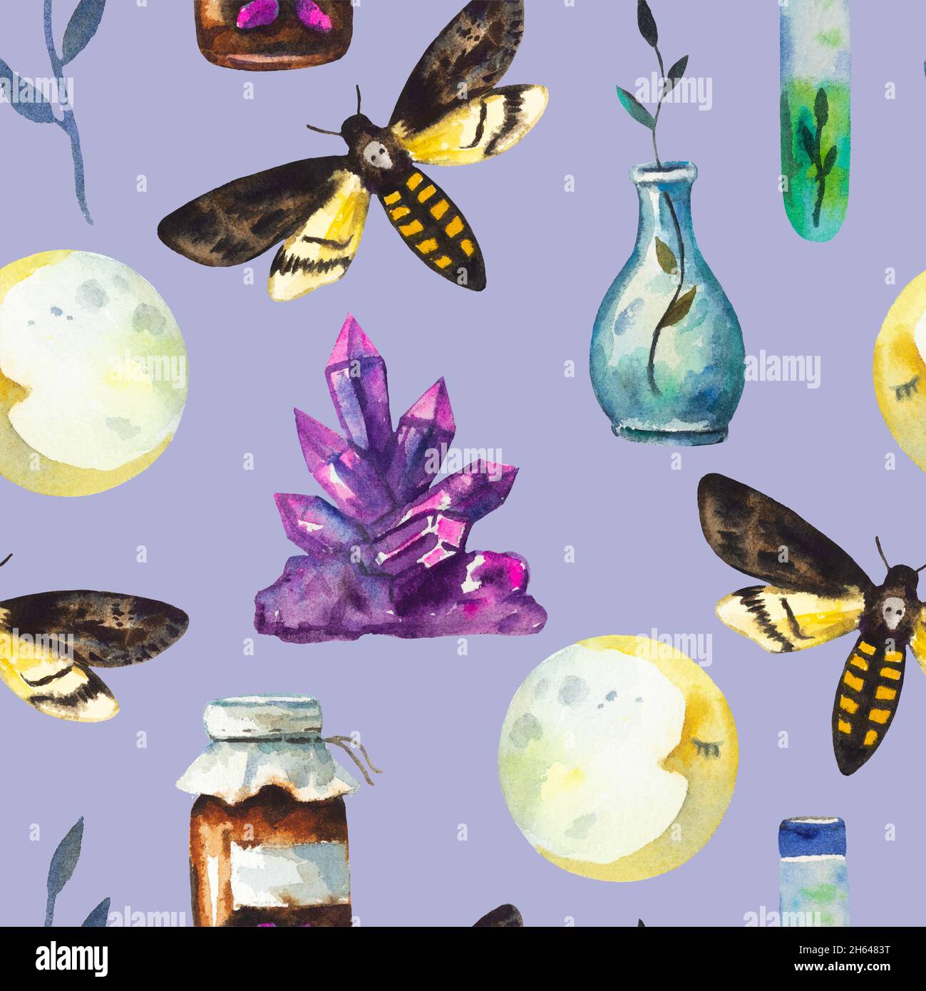 Seamless pattern with magic elements, crystals, moths and alchemy ...