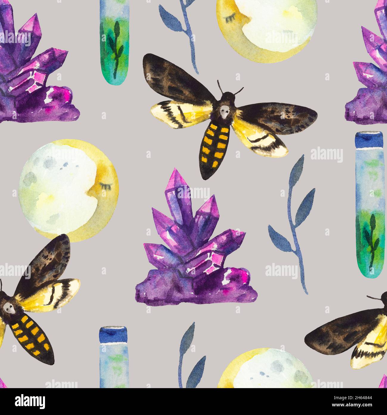 Seamless pattern with magic elements, crystals, moths and alchemy ...