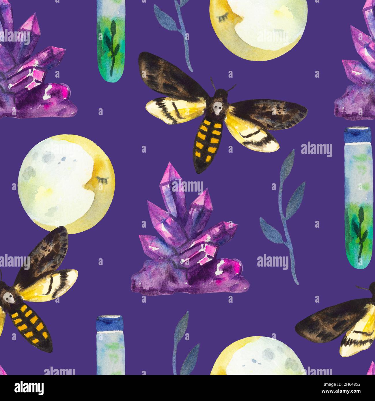 Seamless pattern with magic elements, crystals, moths and alchemy ...
