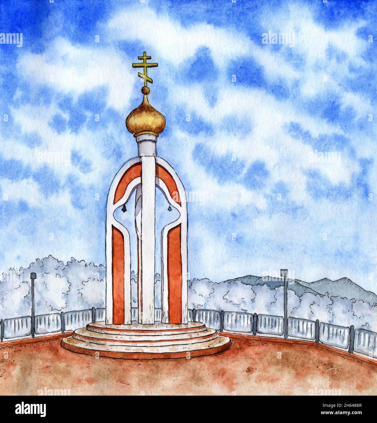 Watercolor painting of a chapel with a bell. Architectural sketch of a ...