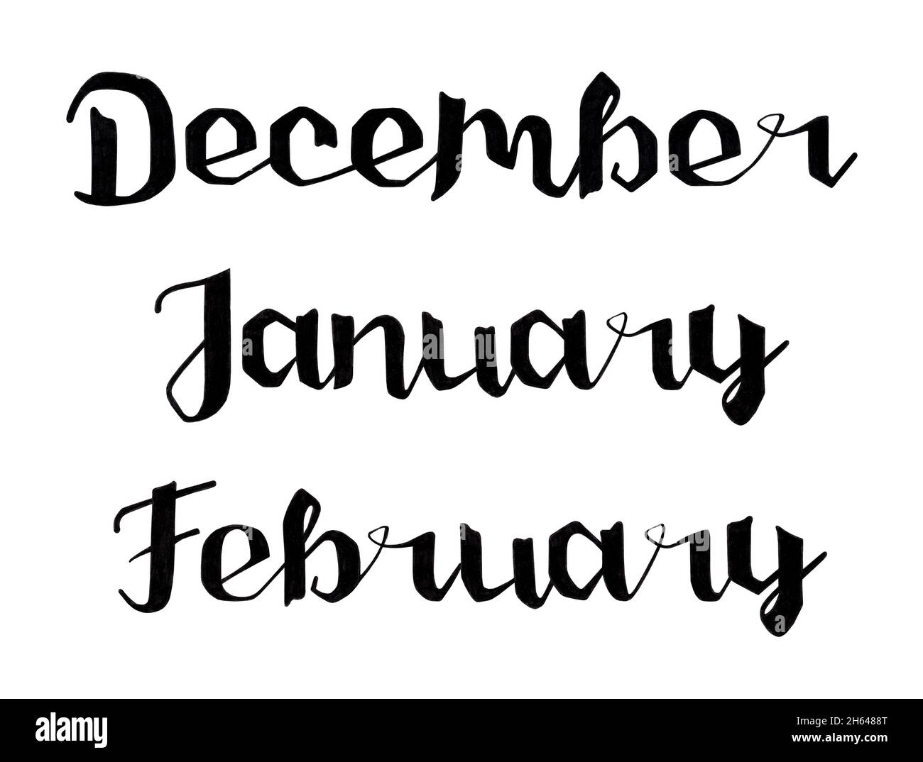 Hand drawn lettering winter months December, January, February. Ink ...