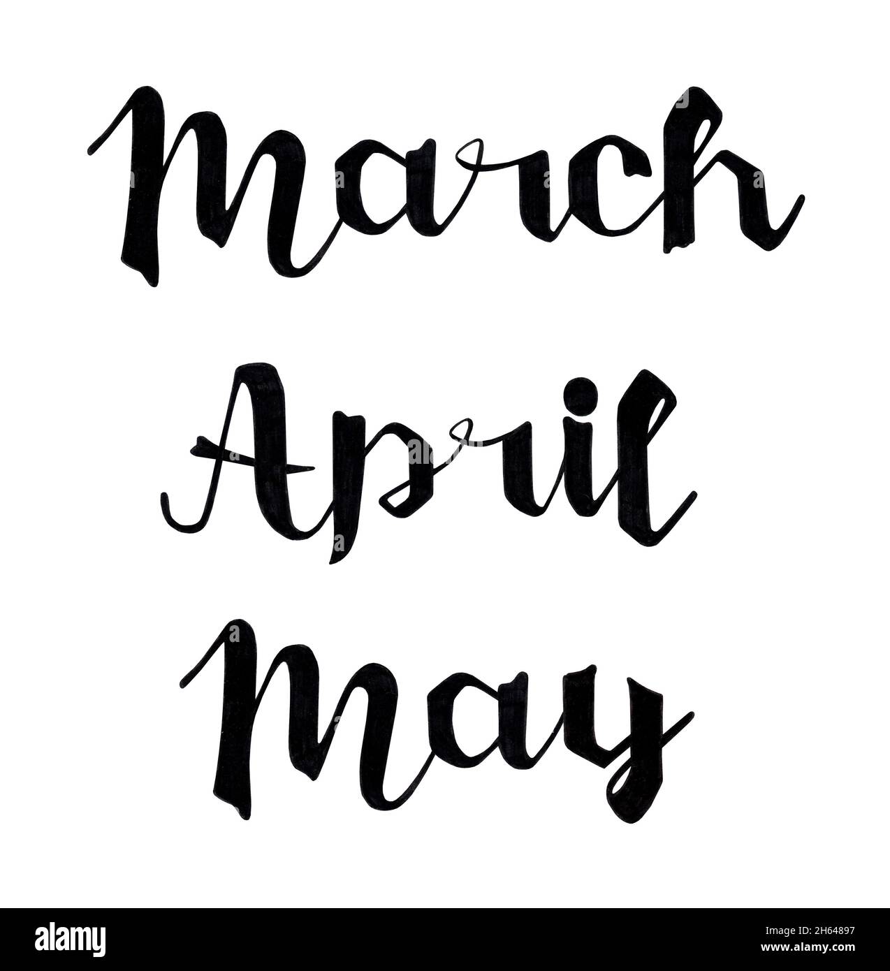 Hand drawn lettering winter months March, April, May. Ink brush ...