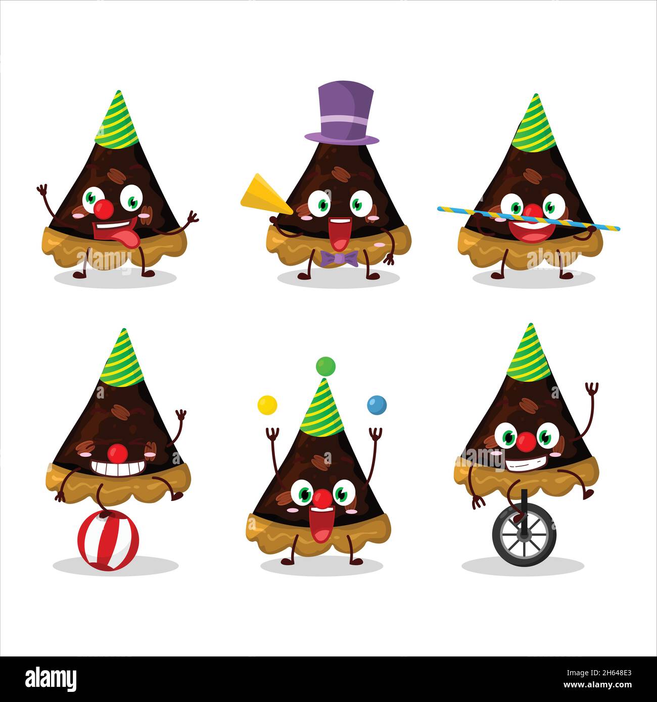 Cartoon character of slice of pecan pie with various circus shows ...