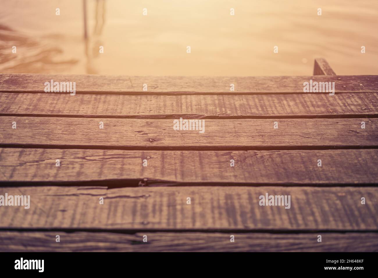 wooden waterfront old wood planks pier at river background blank space ...