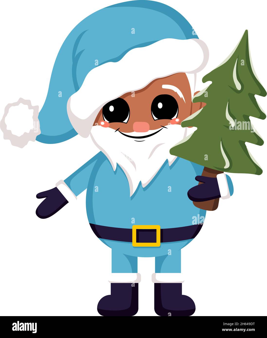 Santa Claus with dark skin in blue costume and hat with Christmas tree ...