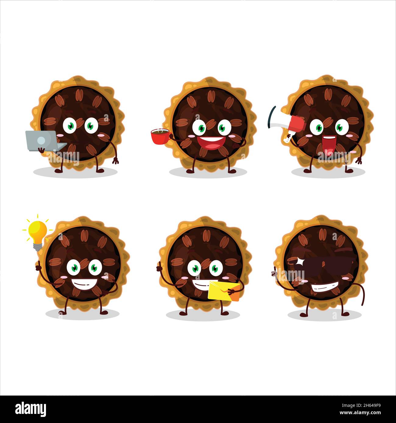 Pecan pie cartoon character with various types of business emoticons ...