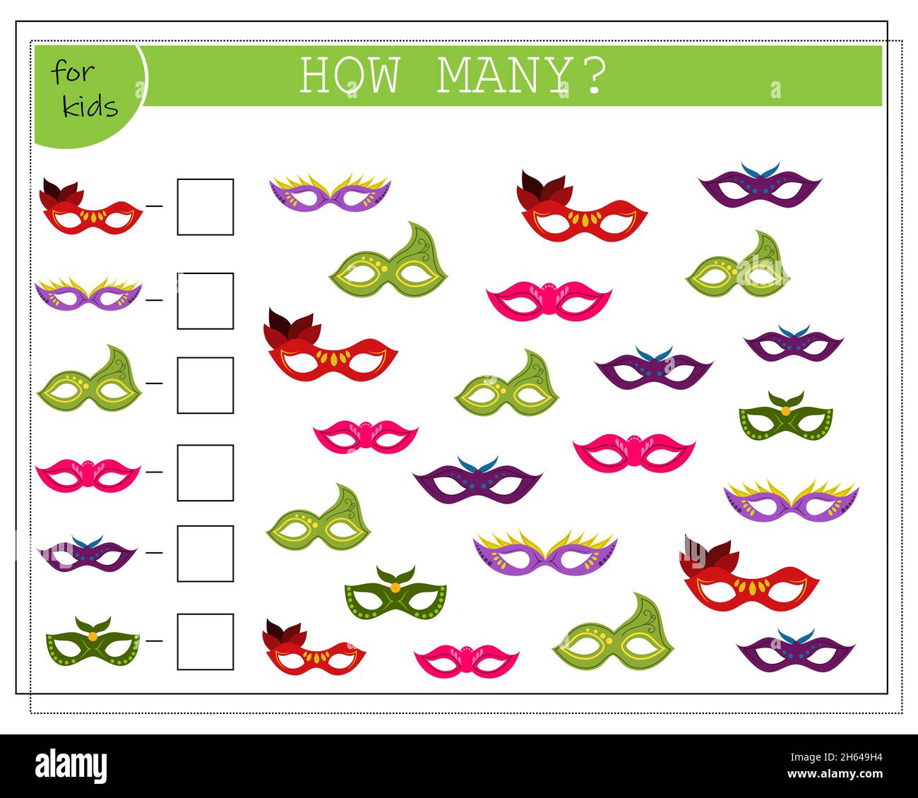children's math game count how many of them. Masquerade masks. Vector ...