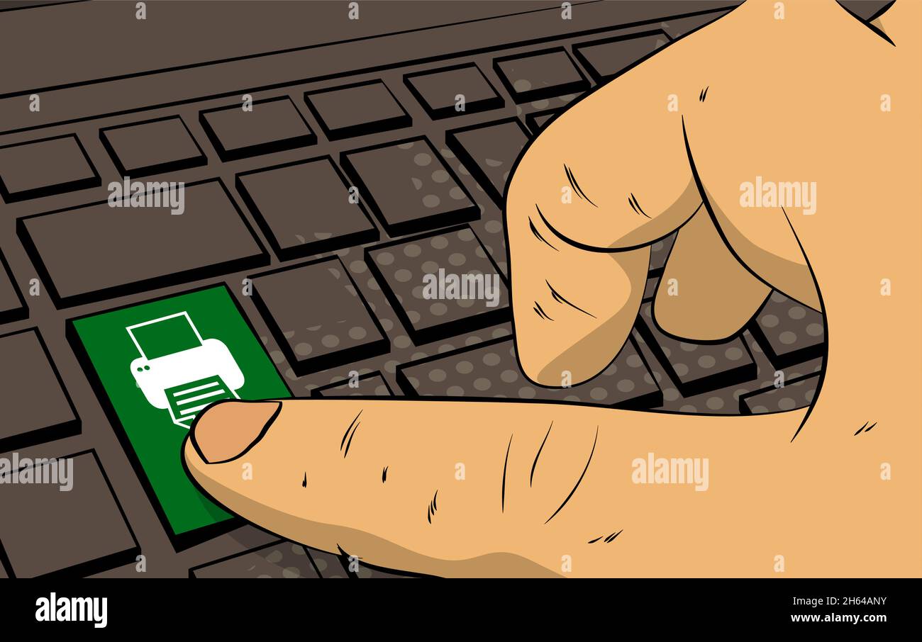 Printer icon on computer keyboard. Man push keypad on laptop. Comic ...