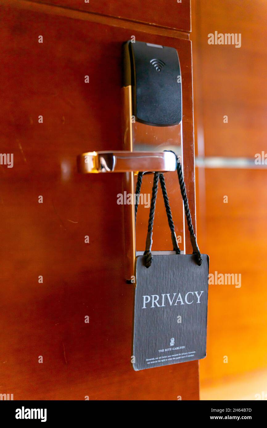 Privacy sign hanging on the closed door in Ritz-Carlton Almaty hotel ...