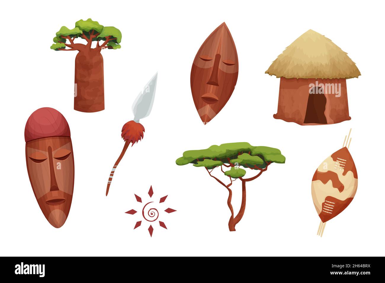 Set African hut with straw roof, baobab shield with spear, tribal mask ...
