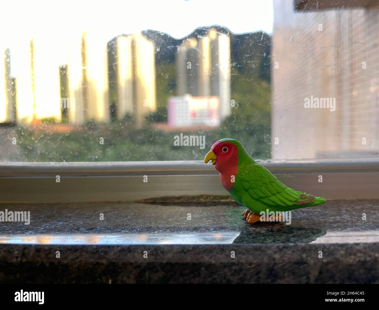 Wooden toy parrot decoration in a house next to the window seeing the ...