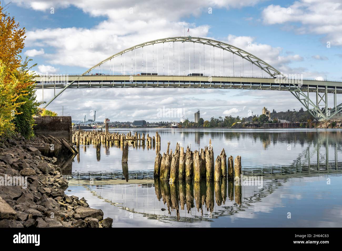 Autumn Landscape with transportation double-story Fremont Bridge with ...