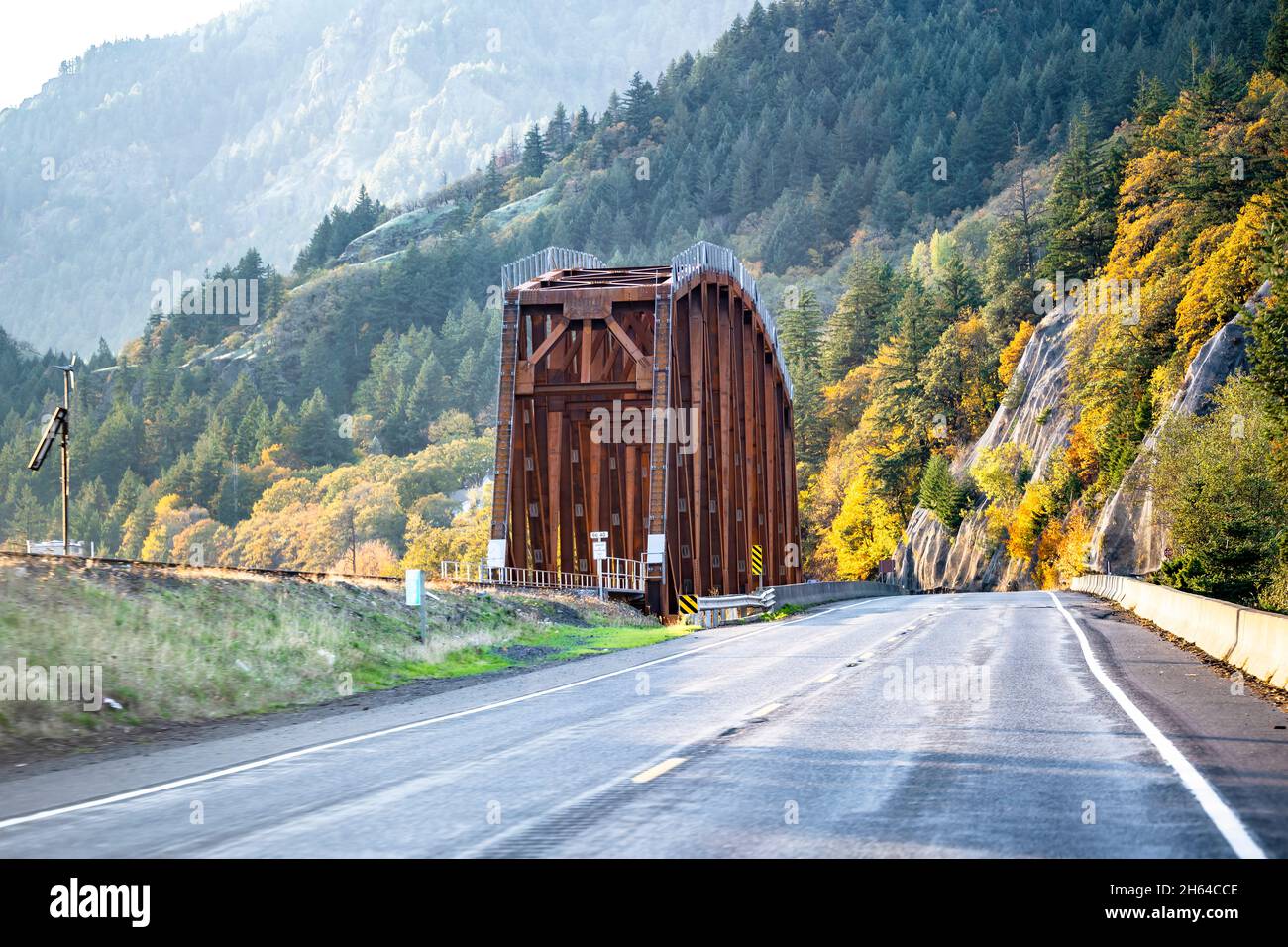 Narrow truss railroad bridge across the inflow in the Columbia River ...