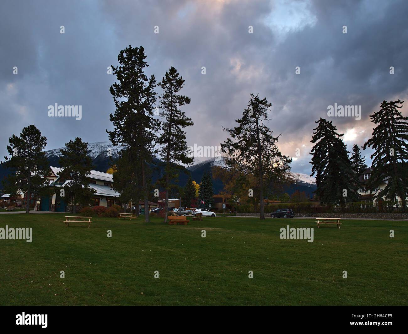 View of empty park area in small town Jasper, Alberta, Canada in the ...