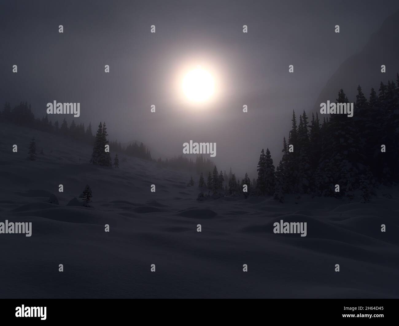 Winter landscape with bright sun shining through fog with snow-covered ...
