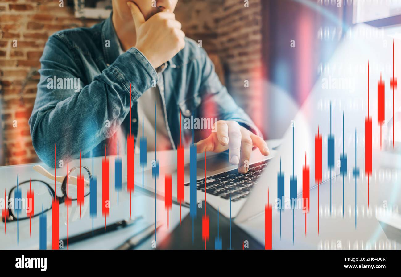 Businessman working remotely from home. Technical price graph and indicator, candlestick chart ...