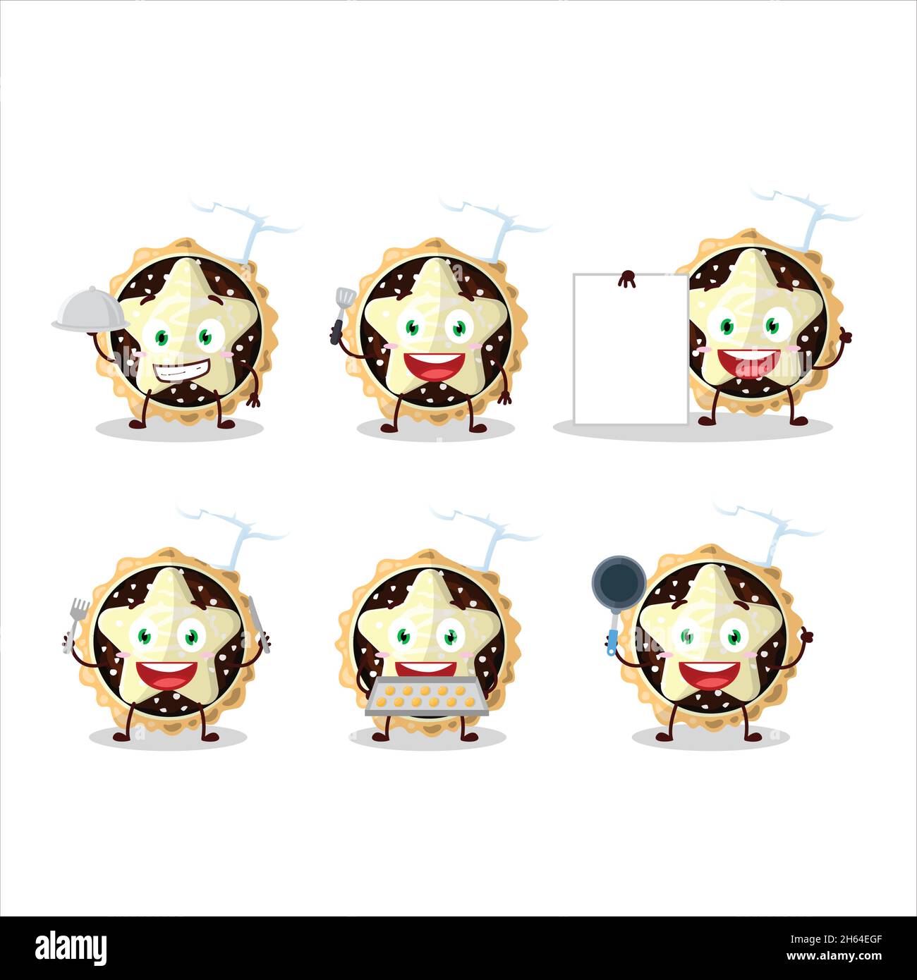 Cartoon character of star chocolate pie with various chef emoticons ...