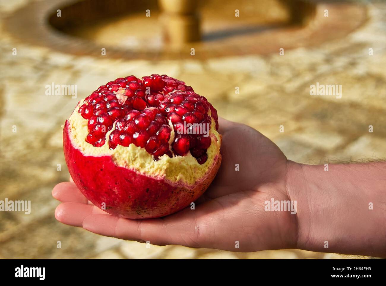 Ripe peeled pomegranate fruit close-up in male palm Stock Photo - Alamy