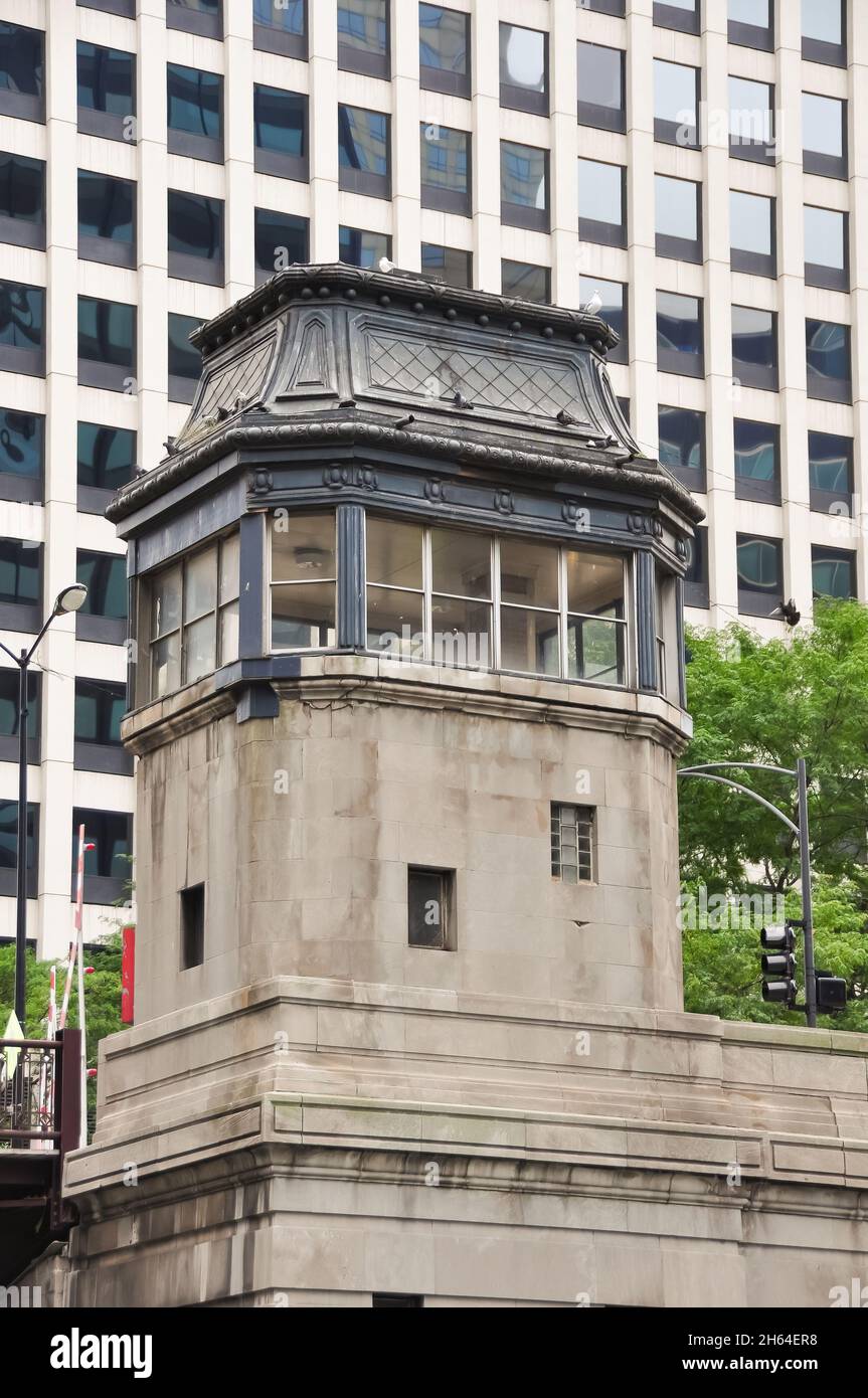 Low angle view of one of the defunct bridge tender houses and partial ...