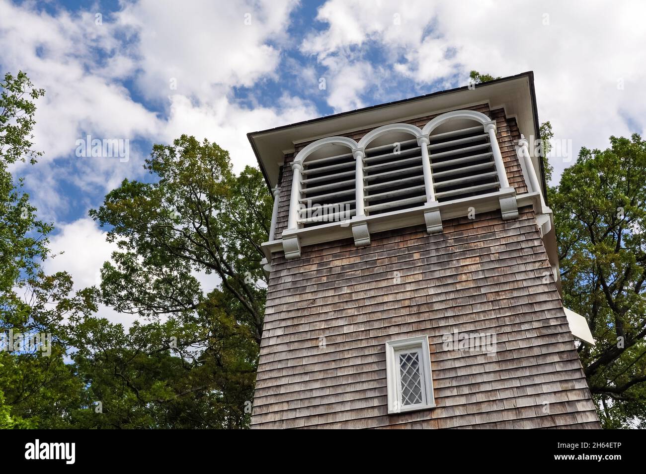 Old Greenwich, CT, USA-August 2020: Low angle view of the tower of the ...