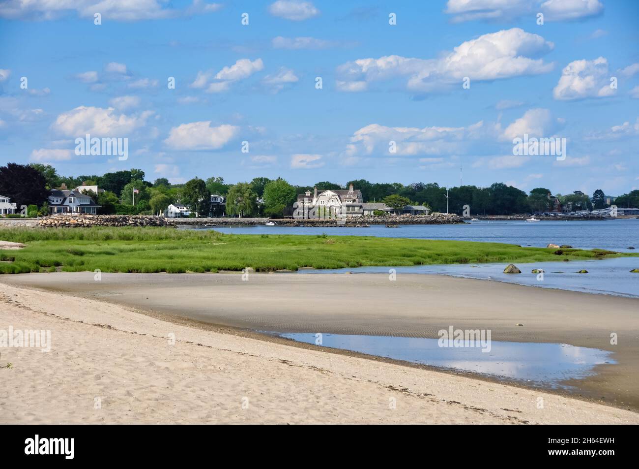 Old Greenwich, CT, USA-August 2020: Panoramic view over the beach and ...