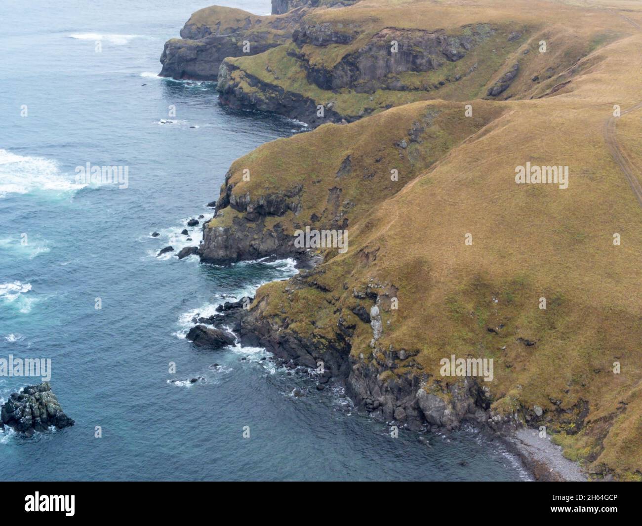 Aerial panoramic view the Nameless Bay on Shikotan Island, Kuril ...