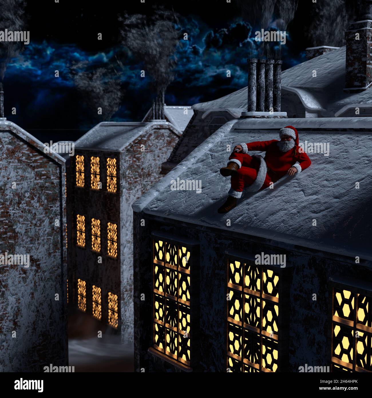 Santa Claus on the rooftop and chimneys at the Christmas night with ...
