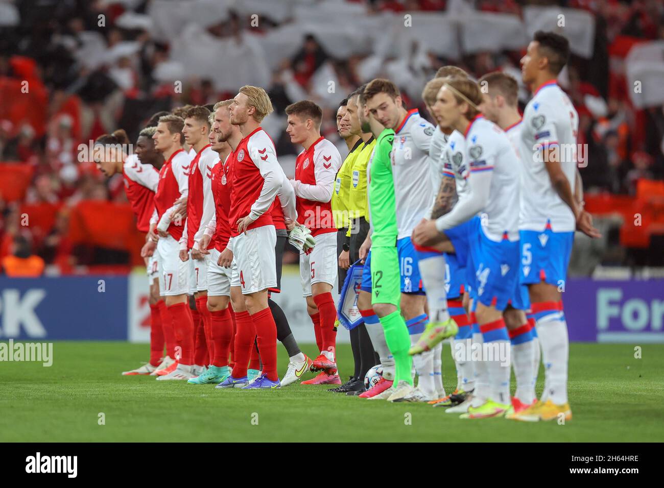Copenhagen, Denmark. 12th Nov, 2021. The players of Denmark line up for ...