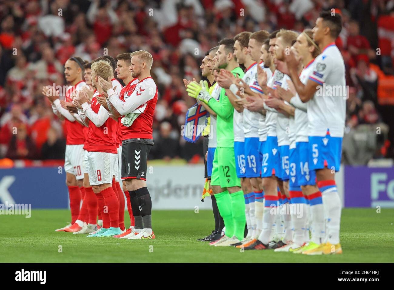 Copenhagen, Denmark. 12th Nov, 2021. The players of Denmark line up for ...
