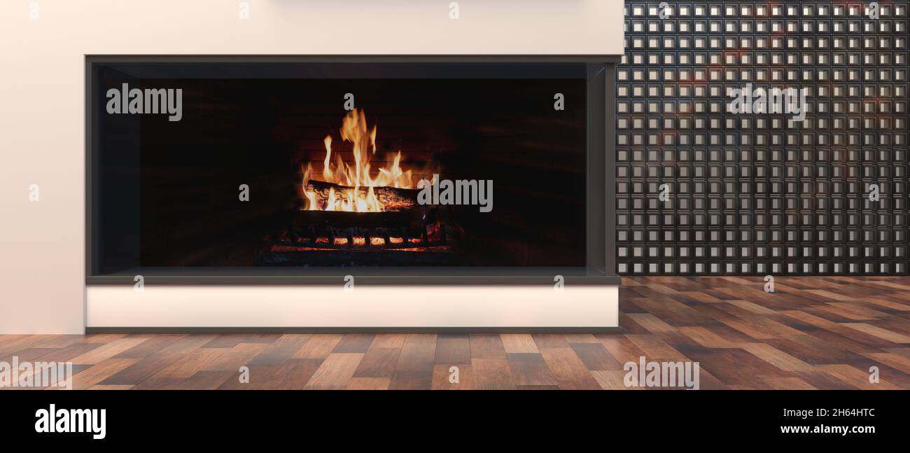 Energy fireplace, modern minimal house interior. Burning fire radiates ...