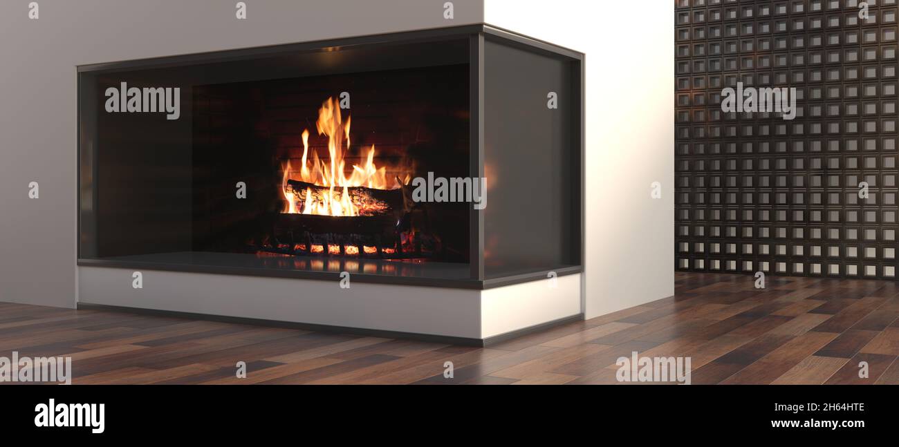 Burning fire in a modern minimal house interior. Energy fireplace ...