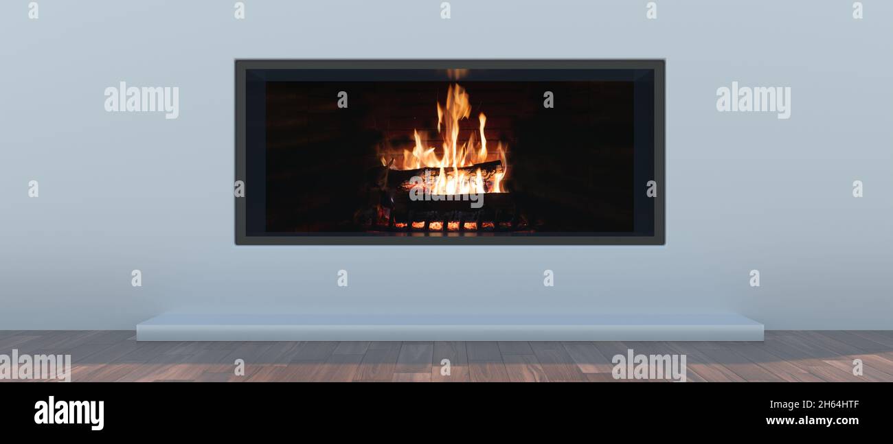 Burning fire in an energy fireplace radiates heat, warm house in winter ...