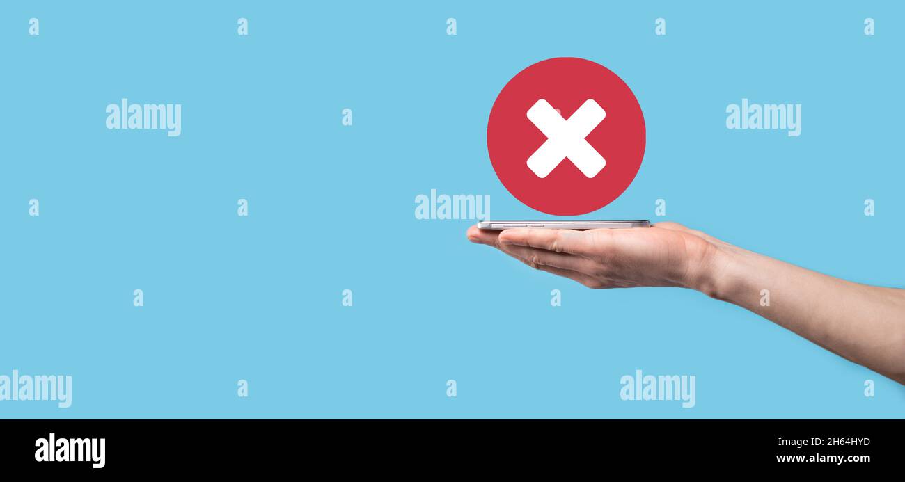 Hand holds icon,cancellation symbol,cancel icon.Cross mark flat red ...