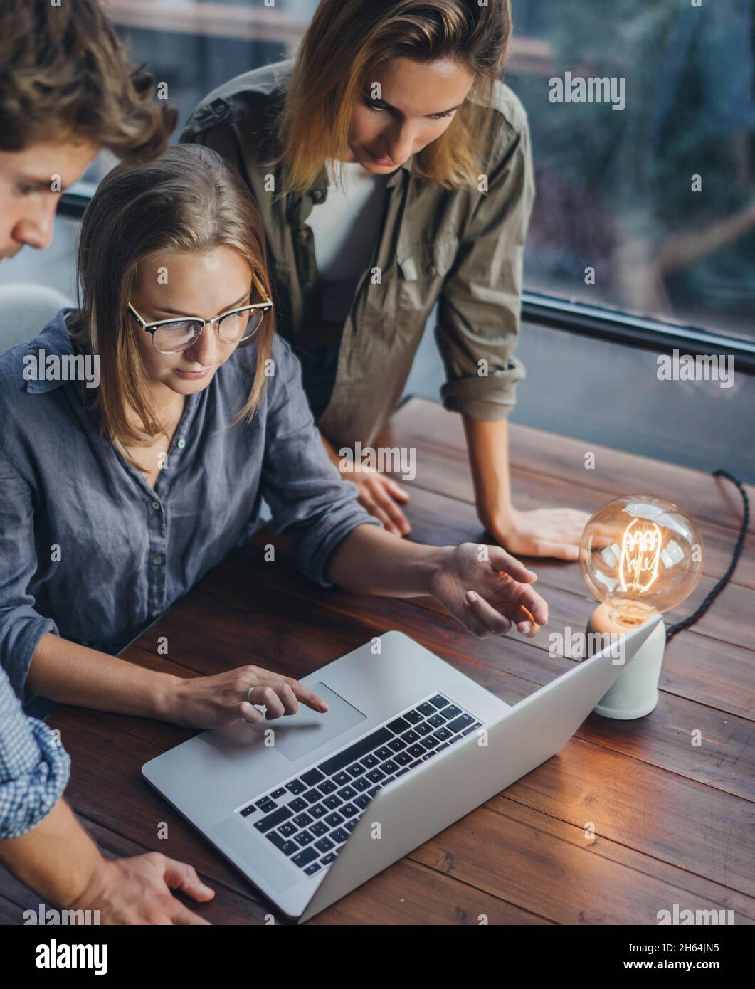 Group of young colleagues using laptop. People working or studying ...