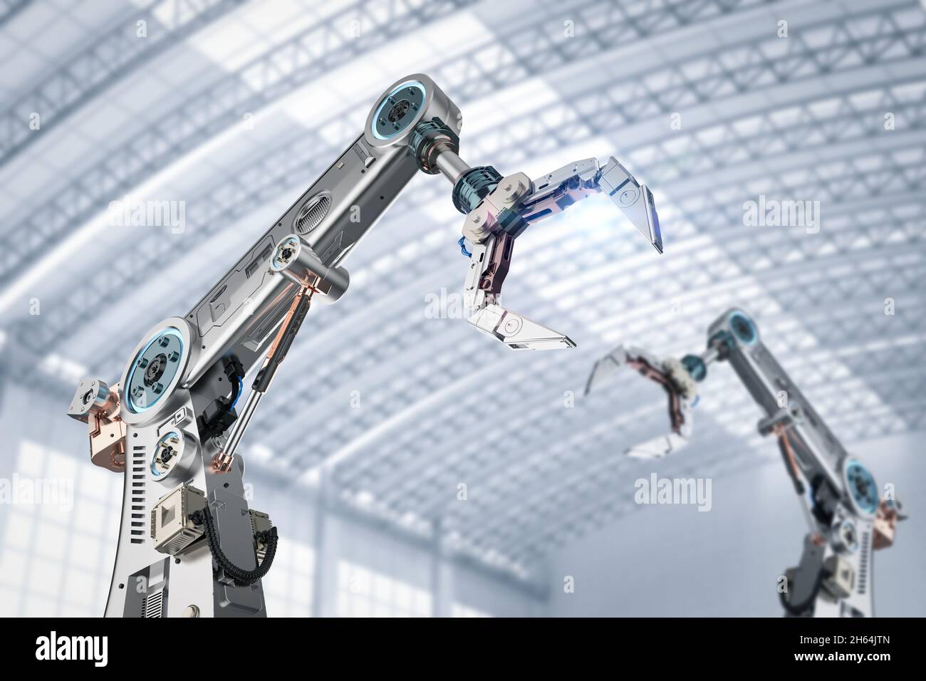 Industrial technology with 3d rendering metal robotic arm or robot hand ...