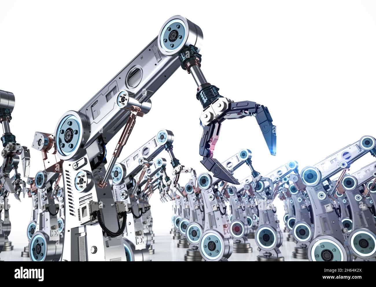 Industrial technology with 3d rendering group of metal robotic arms or ...