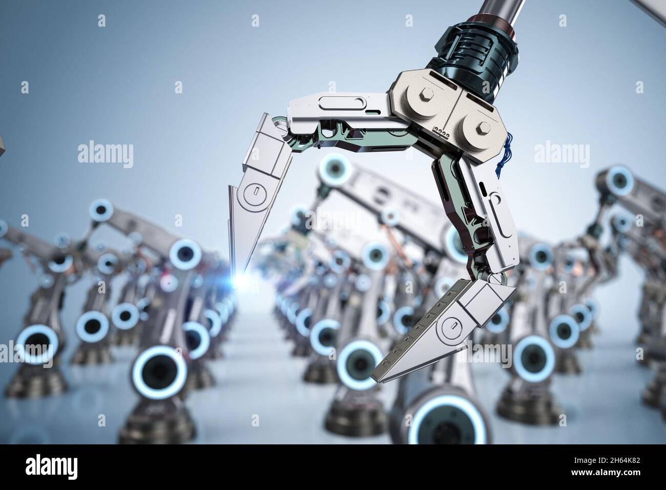Industrial technology with 3d rendering group of metal robotic arms or ...