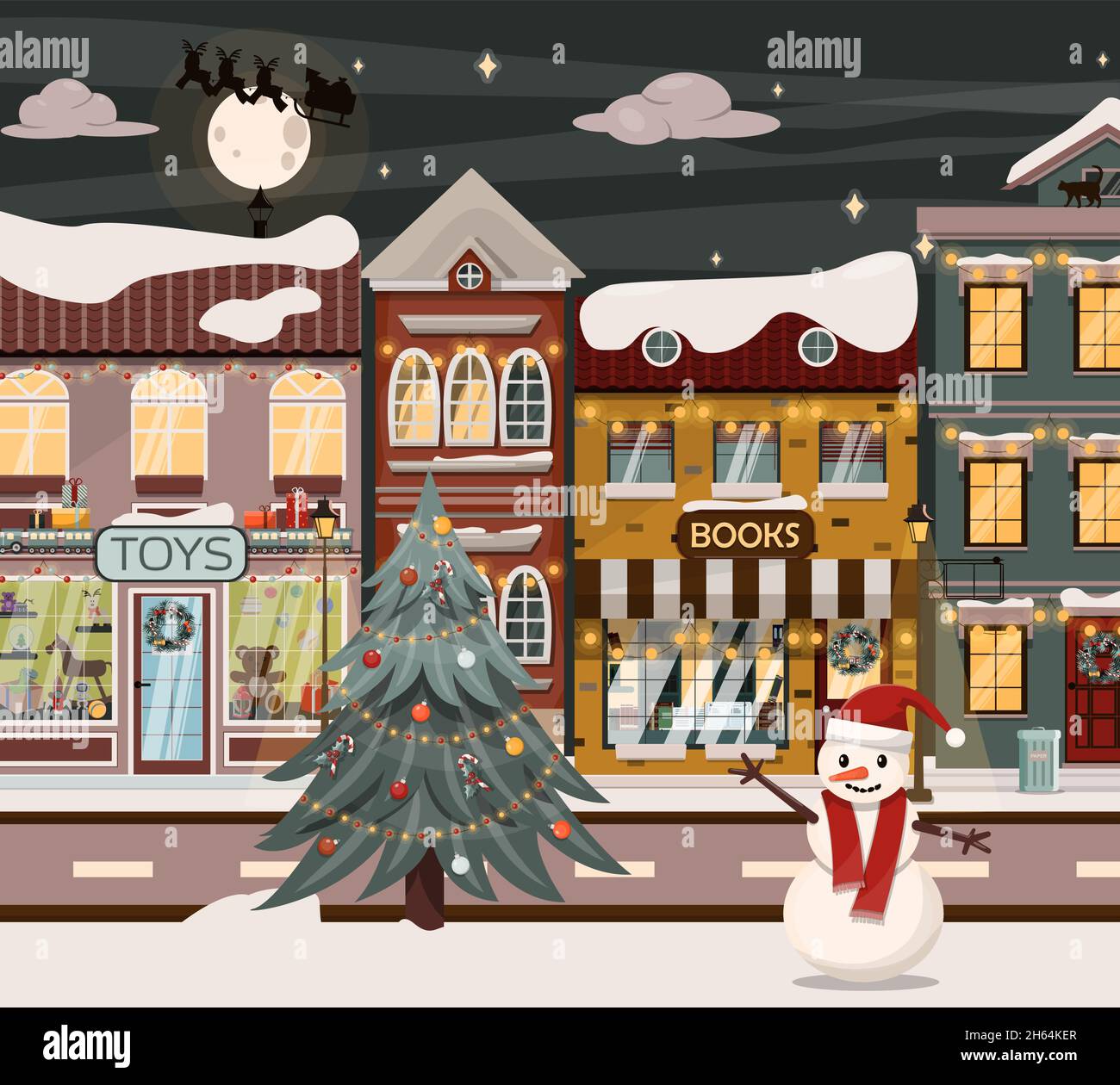 Vector winter street for Christmas. Cartoon illustration with a ...
