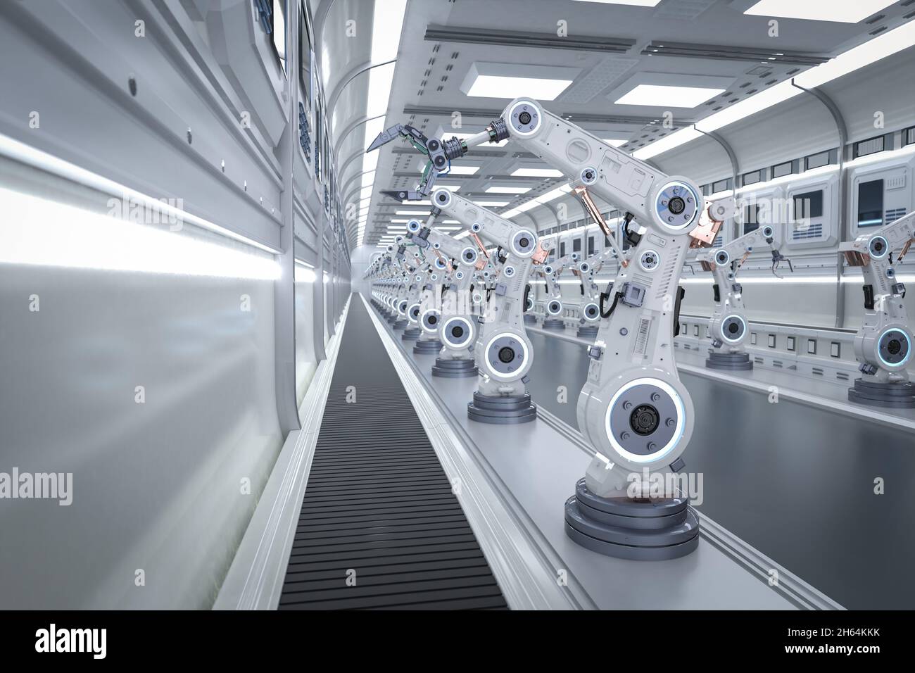 Automation industry concept with 3d rendering robot assembly line in ...