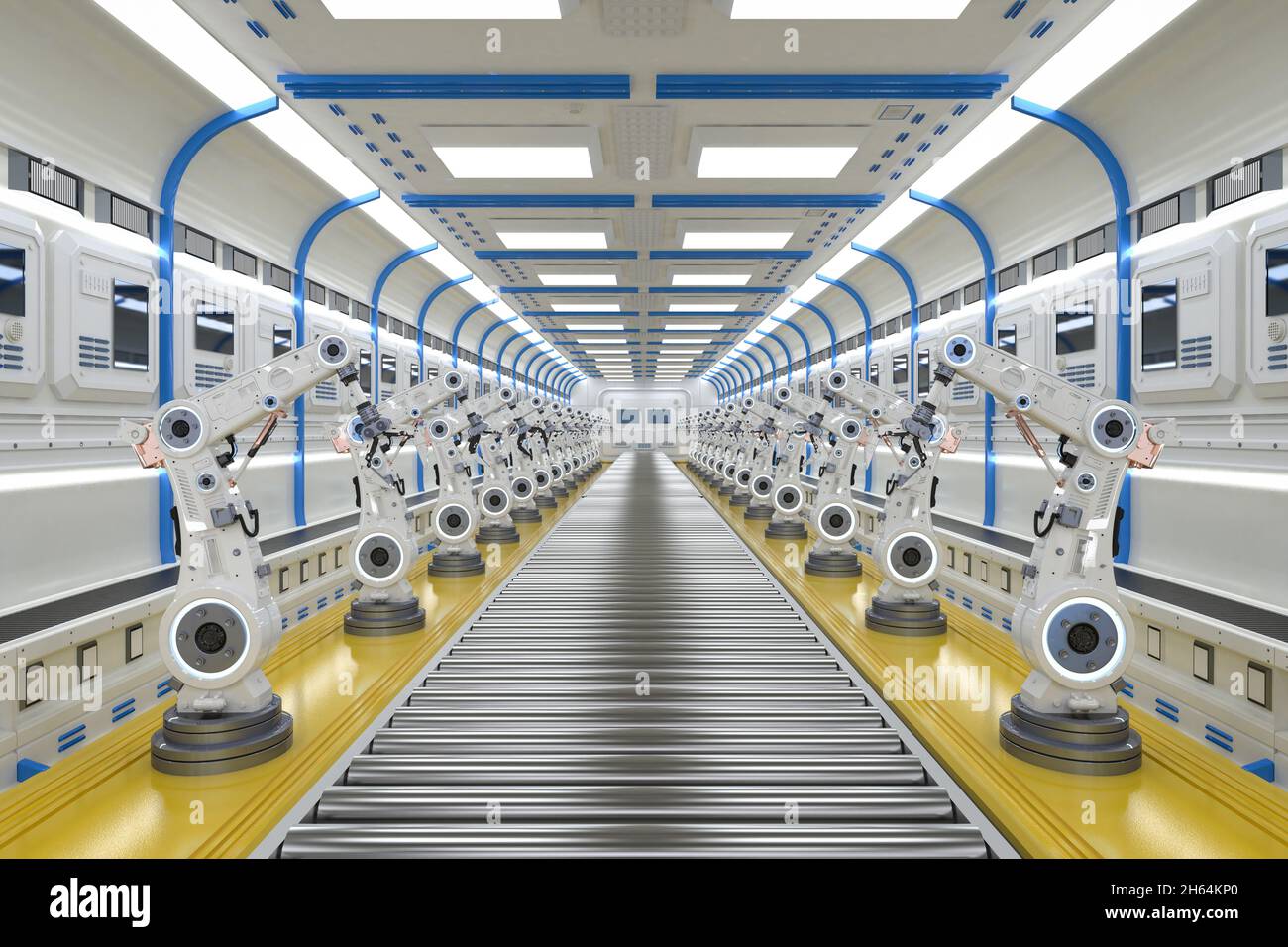 Automation industry concept with 3d rendering robot assembly line in ...