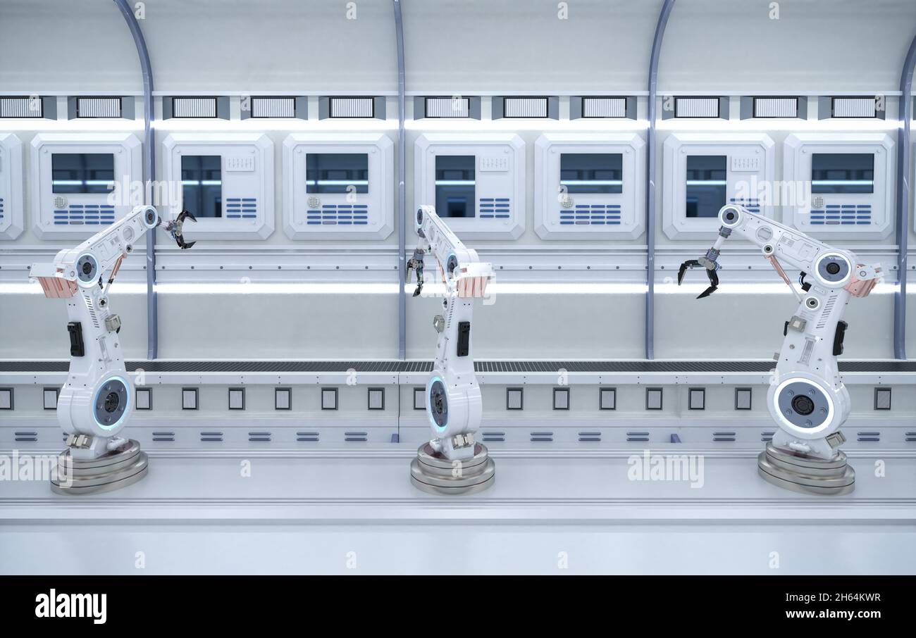 Automation industry concept with 3d rendering robot assembly line in factory Stock Photo - Alamy