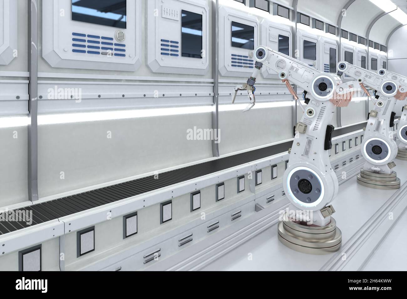 Automation industry concept with 3d rendering robot assembly line in ...